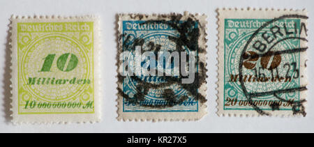 Old inflation stamps from Germany, 1923; Alte, überstempelte ...