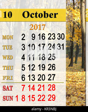 calendar for October 2017 with yellow leaves Stock Photo - Alamy