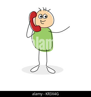 Cute cartoon stick figure standing chatting on a red landline telephone ...