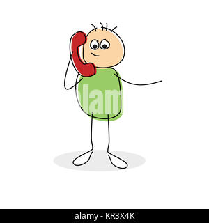 Cute cartoon stick figure standing chatting on a red landline telephone ...