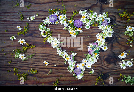 Heart made of beautiful clover flowers with green leaves on light blue ...