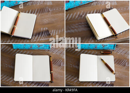 Photo Collage of classic fountain pen and open notebook on wooden table ...