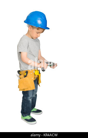 Cute kid as a construction worker with drilling machine Stock Photo - Alamy