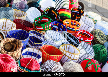 Morocco. Colourful display of typical hats in the historical medina ...