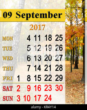 calendar for September 2017 with yellow leaves Stock Photo - Alamy