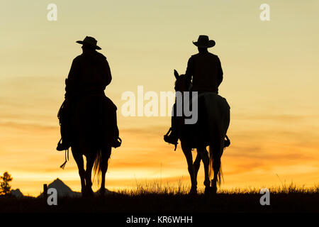 Two cowboys riding on horseback in a Prairie landscape at sunset, one ...