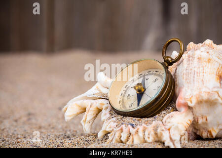Vintage compass with shell on sand with wooden fence background Stock ...
