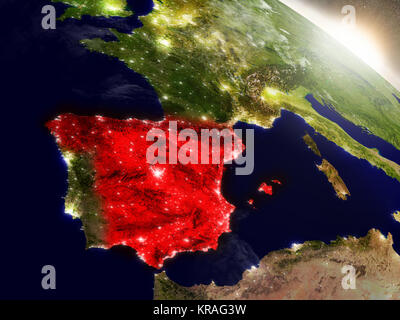 Spain at night highlighted in red on planet Earth. 3D illustration ...