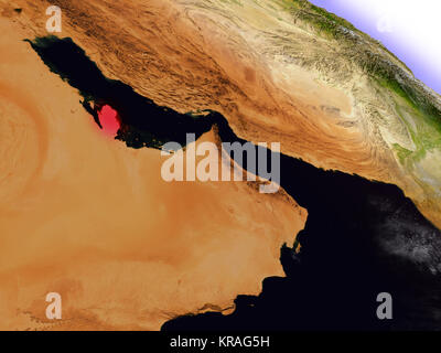 Qatar from space. Planet Earth with country borders and extremely high ...