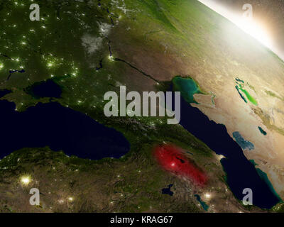 Armenia at night highlighted in red on planet Earth with clouds. 3D illustration. Elements of ...