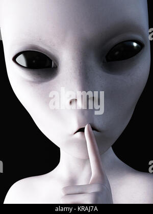3d illustration of a grey alien gesturing forward with a peace sign ...
