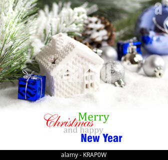 Christmas composition with border of gray fir branches on gray ...