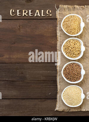 Cereals in bowls border with word Cereals Stock Photo - Alamy