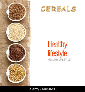Cereals in bowls border with word Cereals Stock Photo - Alamy