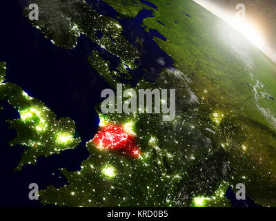 Belgium from orbit of planet Earth at night with visible borderlines and city lights. 3D ...