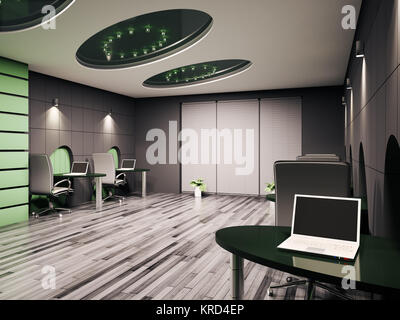Computer office interior with laptops 3d render Stock Photo - Alamy