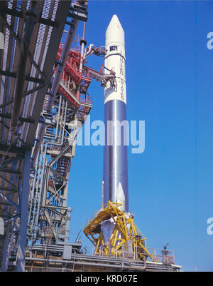 The Atlas Centaur rocket with the Pioneer 10 spacecraft is prepared for ...