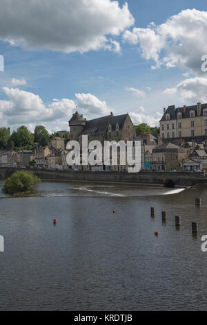 View looking South of the Mayenne River flowing through the town of ...