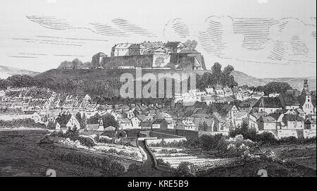 View of the citadel of Bitsch and the town of Bitche in the Lorraine ...