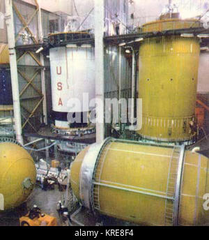The second stage of the Saturn IB rocket, shown with its open Lunar ...