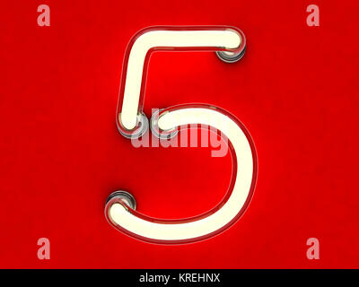 Glowing red neon number 5 (number five) on a perforated metal ...