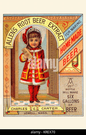 "Victorian trade card for root beer. A little girl reads a newspaper ...