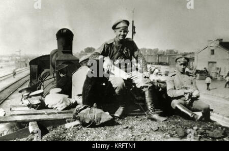 Russian WW1 soldiers deserting first line trenches in July 1917. A ...