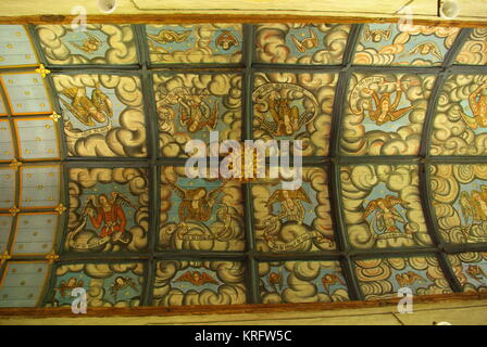 Jacobean painted ceiling showing clouds and an angel in St Peter and St ...