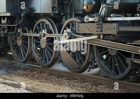 wheels of an old functioning steam locomotive with drawbar and crank ...