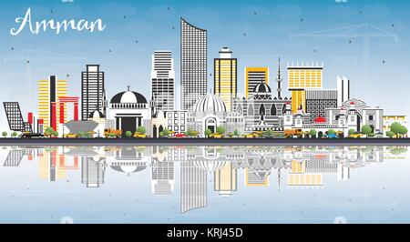 Outline Amman Jordan Skyline with Blue Buildings and Reflections ...