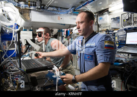 ISS-53 Aleksandr Misurkin and Sergey Ryazansky monitor the docking of ...