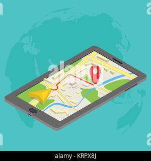 Flat 3d isometric mobile GPS navigation maps infographic concept vector. Tablet with digital ...