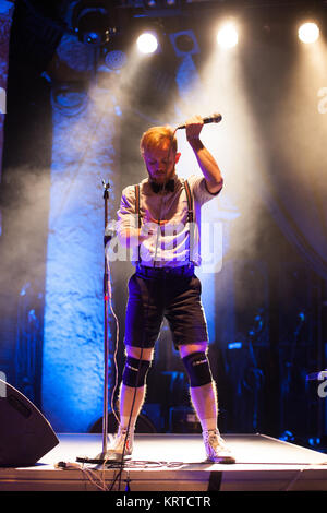 The Icelandic electro-pop band FM Belfast performs a live concert at ...