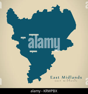 Modern Map - East Midlands map of England UK with districts and labels ...