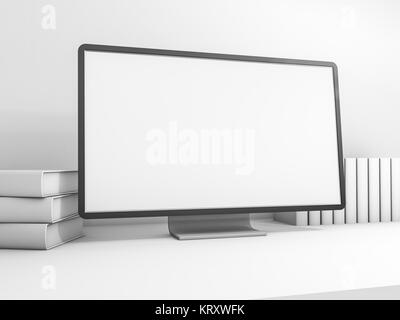 A 3d rendering Realistic Computer, with a white screen, isolated on a ...