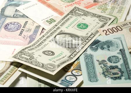 Banknotes and treasury notes of different countries, used, paper money ...