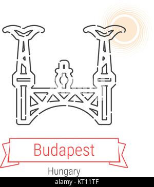 Budapest, Hungary Line Icon with Red Ribbon Isolated on White. Budapest ...