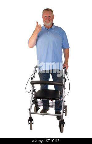 Alter Mann mit Rollator auf Rolltreppe. *** Old man with rollator on ...