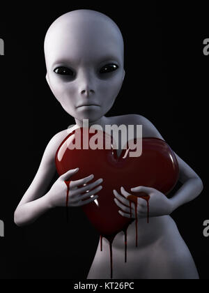 Illustration of an alien holding a heart Stock Photo - Alamy