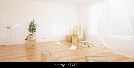 Interior with moving boxes in empty white room. 3d rendering Stock ...