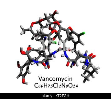 Vancomycin. Molecular model of the drug vancomycin (C66.H75.Cl2.N9.O24 ...
