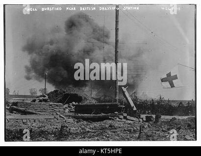 Shell burst near British dressing station, Photograph shows a shell ...