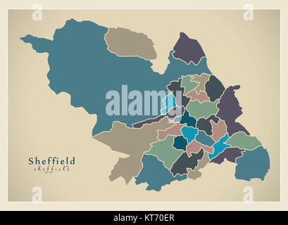 Modern City Map - Sheffield with all wards England illustration Stock ...
