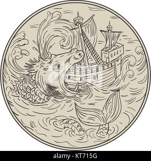 Illustration of sea serpent attacking a ship, from 'Historia animalium ...