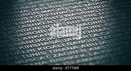 3D illustration of a list of capitals of the world over black ...