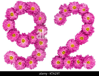 Arabic numeral 92, ninety two, from pink flowers of flax, isolated on ...