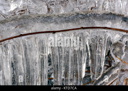 Icicle formations frozen on a stick over running water Stock Photo - Alamy