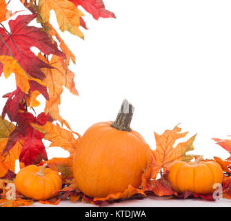 Autumn leaves and pumpkins border frame on white table. Seasonal ...