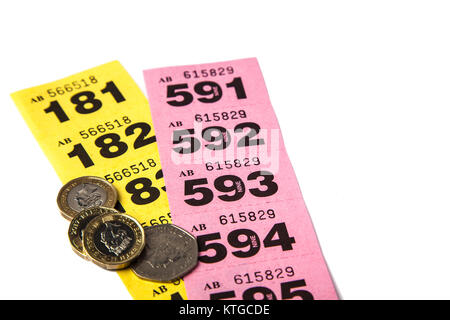 Yellow and Pink Raffle Tickets with UK Coins with negative space Stock ...
