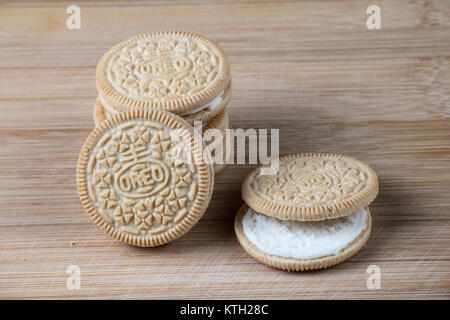 Pile of Golden Oreo biscuits, sandwich biscuits with a vanilla flavour ...